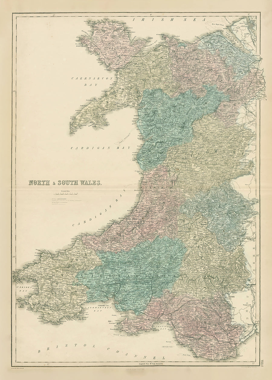 North & South Wales including Counties by Sidney Hall, Vintage 1856 Ma ...