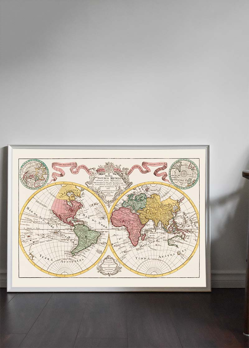 Hand Coloured Double Hemisphere World Map – InkAndDrop