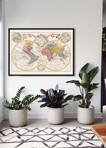 Hand Coloured Double Hemisphere World Map – InkAndDrop