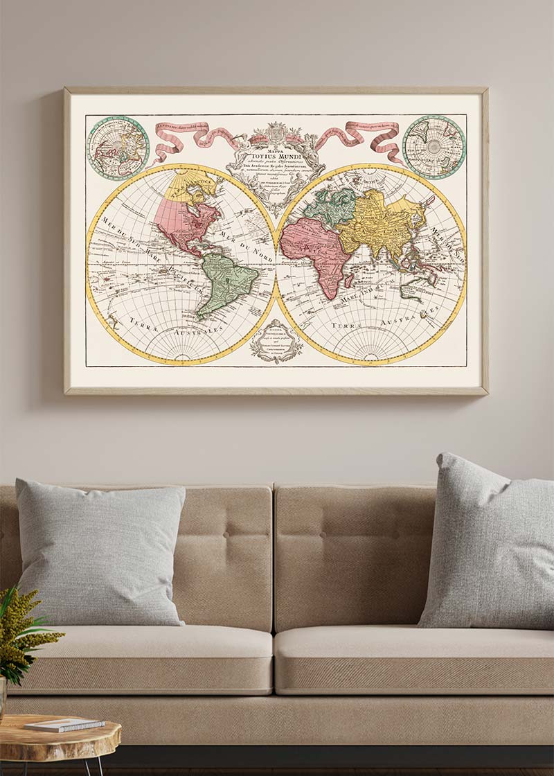 Hand Coloured Double Hemisphere World Map – InkAndDrop