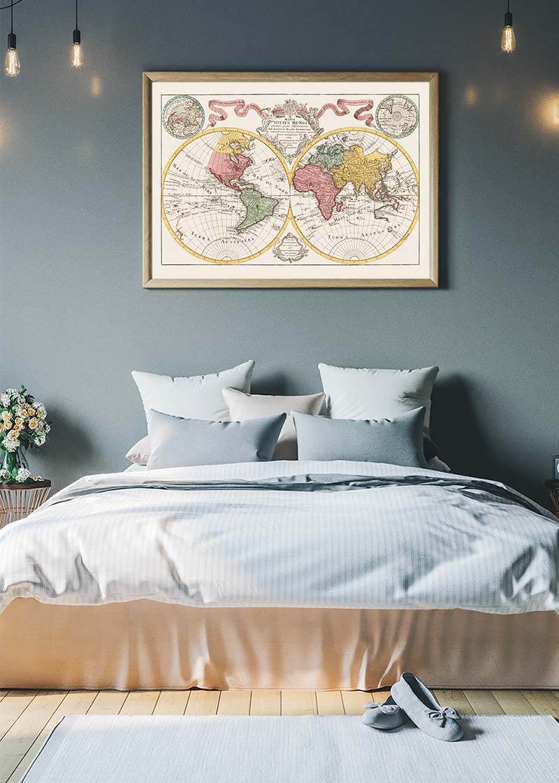 Hand Coloured Double Hemisphere World Map – InkAndDrop