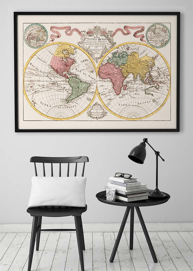 Hand Coloured Double Hemisphere World Map – InkAndDrop